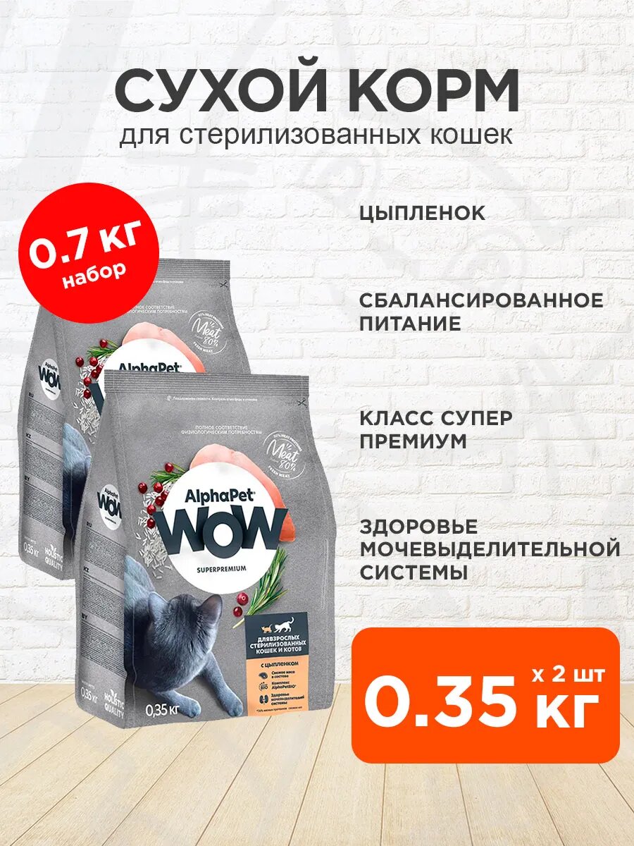 Корм сухой Alphapet Wow Superpremium для взрослых кастрированных котов и стерилизованных кошек, цыпленок, 0,35 кг 2 шт