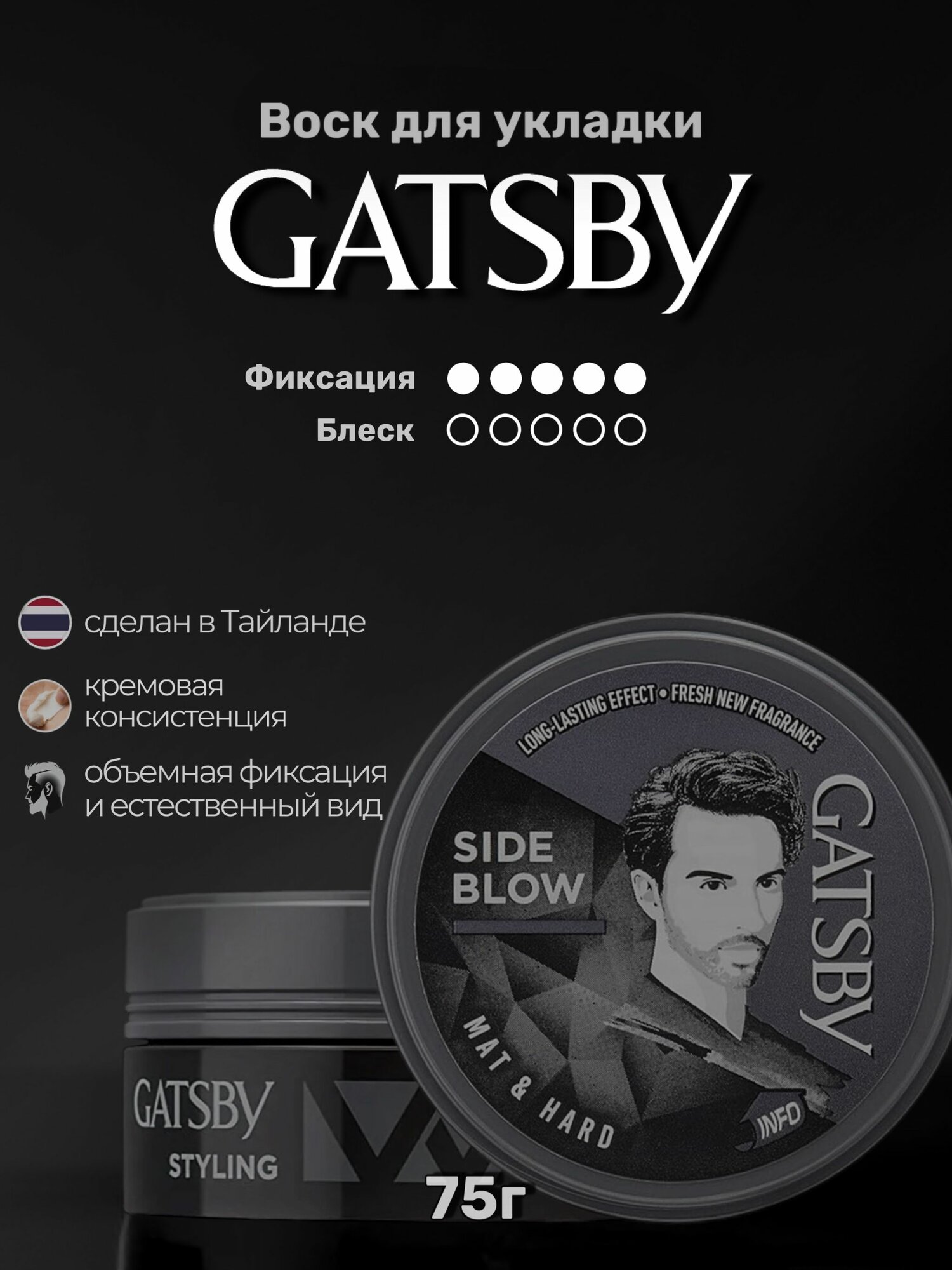 Gatsby крем-воск для укладки волос сильной фиксации Mat & Hard черный, 75 мл