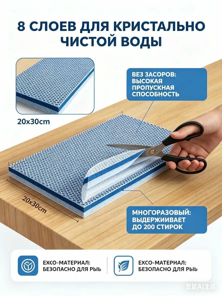 8-слойная биохимическая губка-губка для очистки воды, многоразовый фильтрующий элемент для внешнего и внутреннего фильтра.