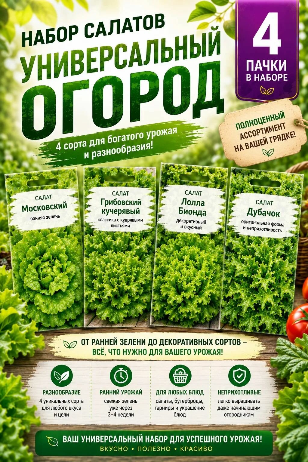 Семена Набор Салатов "Универсальный огород" 4 шт
