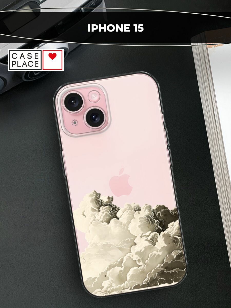 Чехол на Apple iPhone 15 / Айфон 15 с принтом Гравюра с облаками, прозрачный