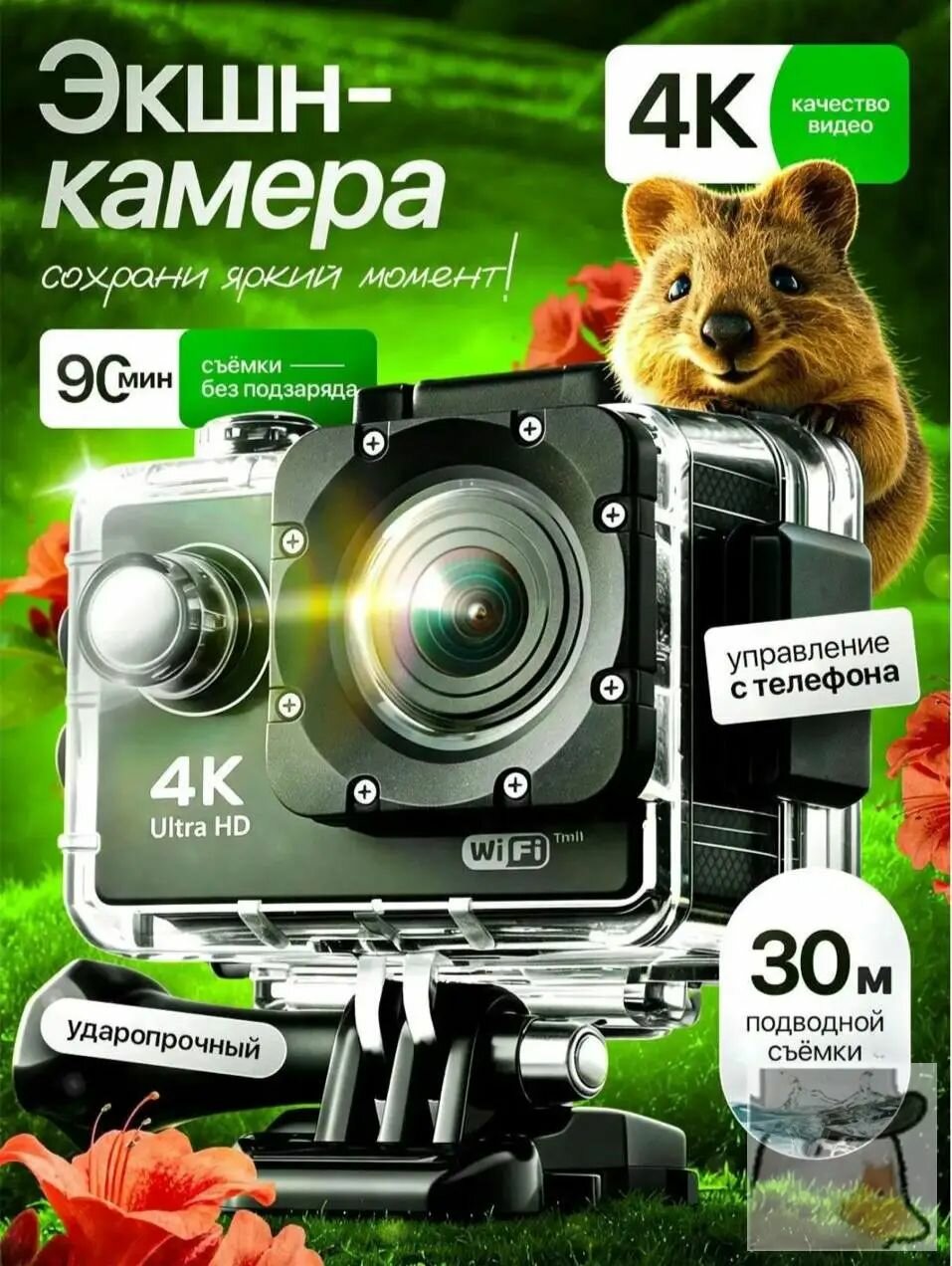 Экшн-камера 4K водонепроницаемая с креплениями и защитным кейсом, для съёмки видео и фото спортивная съёмка подводная съёмка экшн-видео