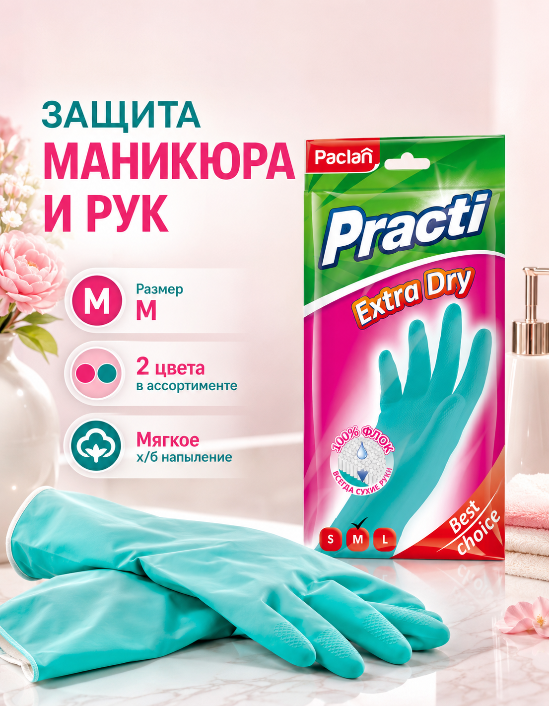 Резиновые перчатки Paclan Extra Dry M, 1 пара — фото 1