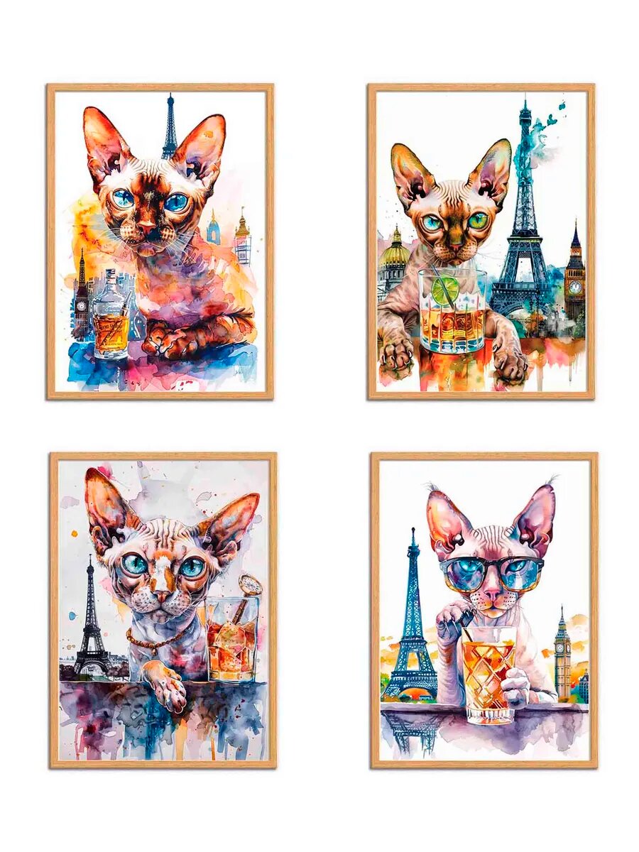 Девон-рекс Пьет Виски, 4 Плаката, 30x21см