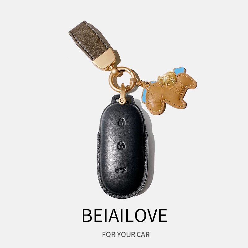 Кожаный чехол для ключей из наппа для модели Ideal B, черный цвет с серой бечевкой и верблюжьей конской брошей, премиум