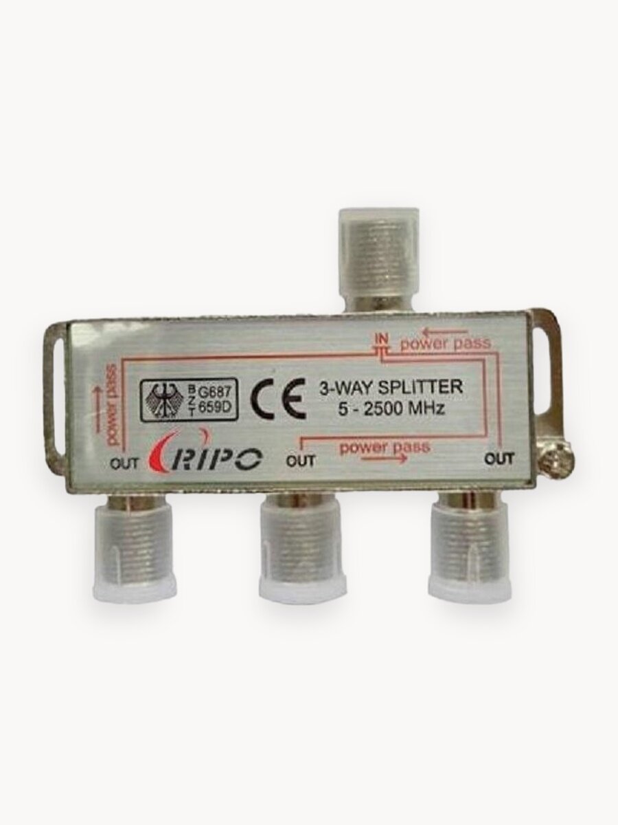 Антенный делитель телевизионного сигнала Сплиттер TV на 3 направления разветвитель под F разъемы 5-2500 MHz Ripo 005-400084