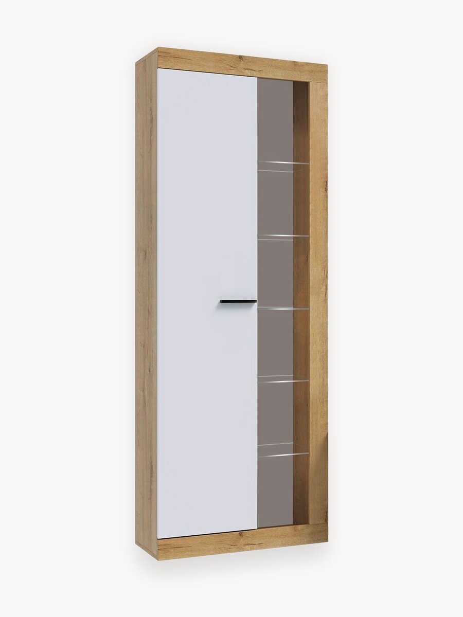 Шкаф-витрина Прага Макси 1 дверь, с полками, 66.6х37.6х194 см, Дуб Вотан / Белый гладкий Без подсветки