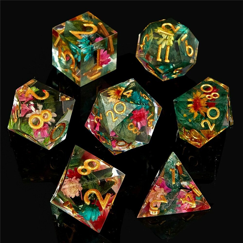 Кубики днд прозрачные: Набор дайсов для DnD, 7 шт. Кости игральные для Dungeons & Dragons, острые грани, смола, золотые цифры