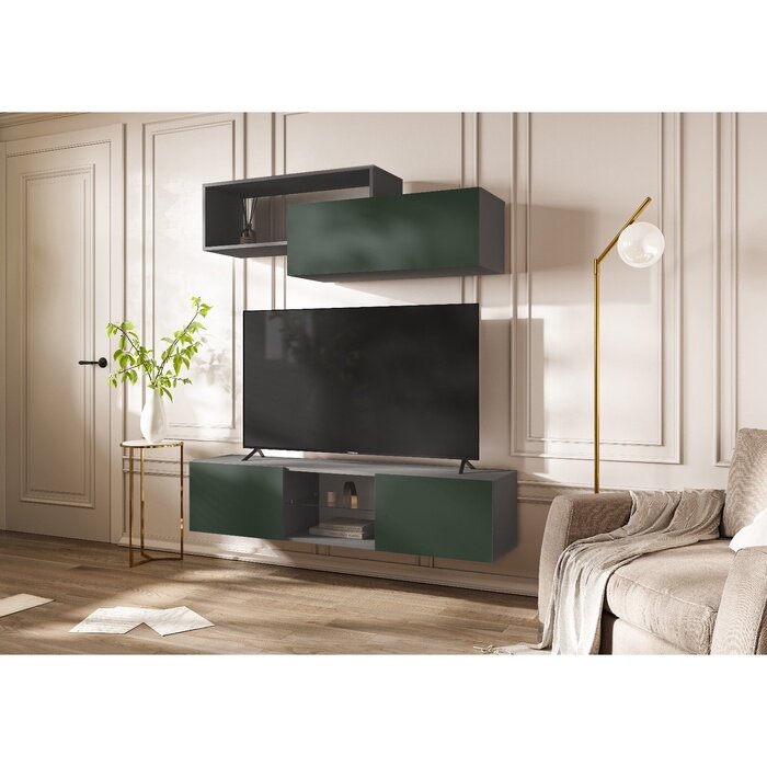 Гостиная «Норд», тумба 1500×350×330 мм, полка 1388×350×460 мм, цвет изумруд/графит