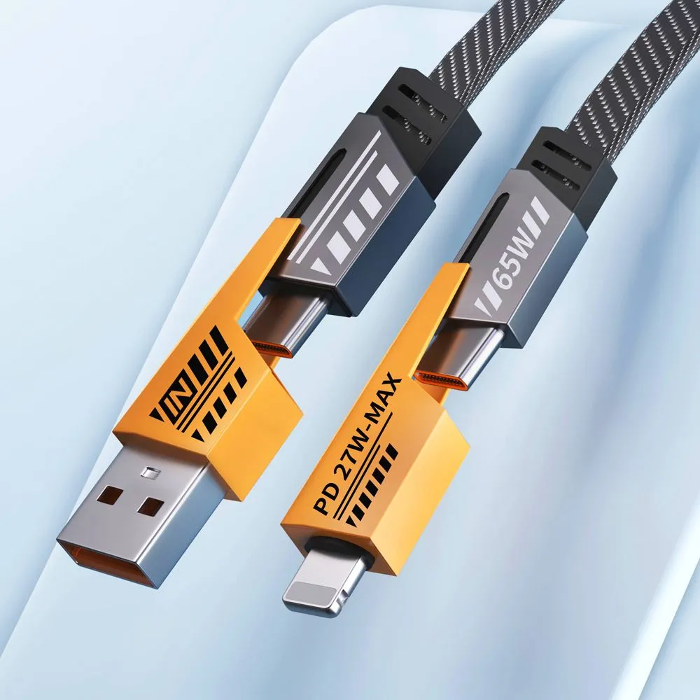 Кабель для зарядки 4в1/USB/Type-C-Type-C/Lightning/RECRSI 65W/черно-желтый