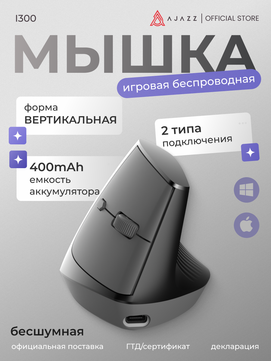 Вертикальная оптическая мышь AJAZZ I300/ Беспроводная мышь 2.4G и Bluetooth, черное