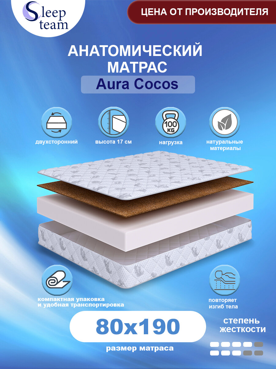 Матрас детский SleepTeam Aura Cocos 80х190, беспружинный, высота 16 см, односпальный