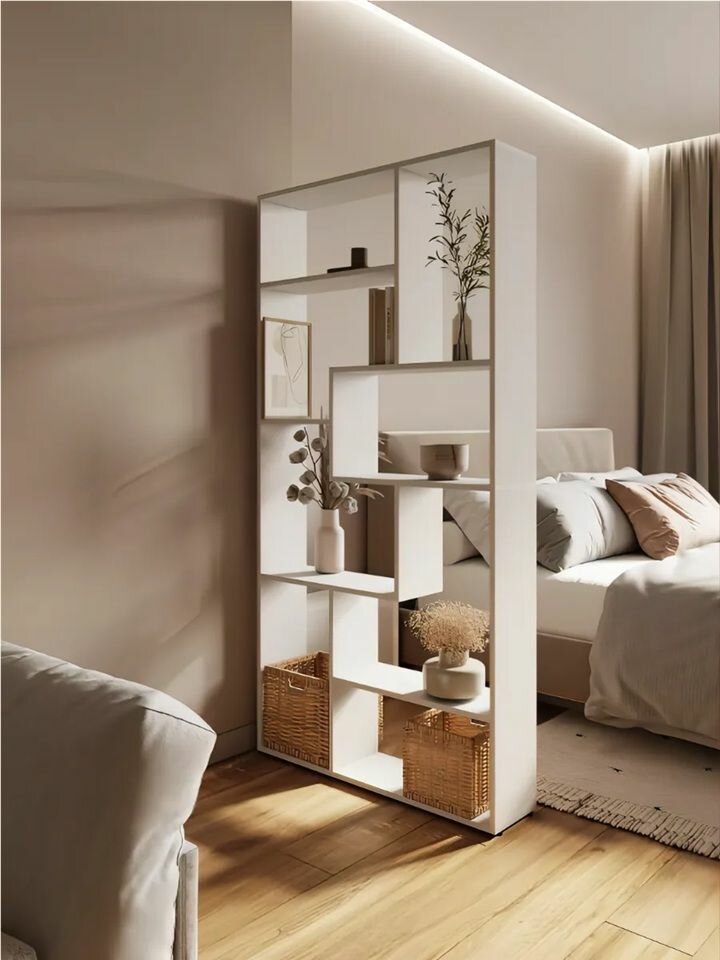 Стеллаж деревянный напольный, перегородка, открытый с полками Джаакко, Белый, (ШхВхГ) 90х180х21 см.