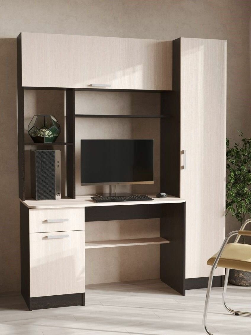 Стол компьютерный с пеналом, с надстройкой, с тумбой, 160 см, венге/белфорт, 1 шт.