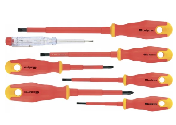 Набор отверток диэлектрических до 1000 в + тестер, 7 шт, ph + sl, crv, 2к рукоятка сибртех