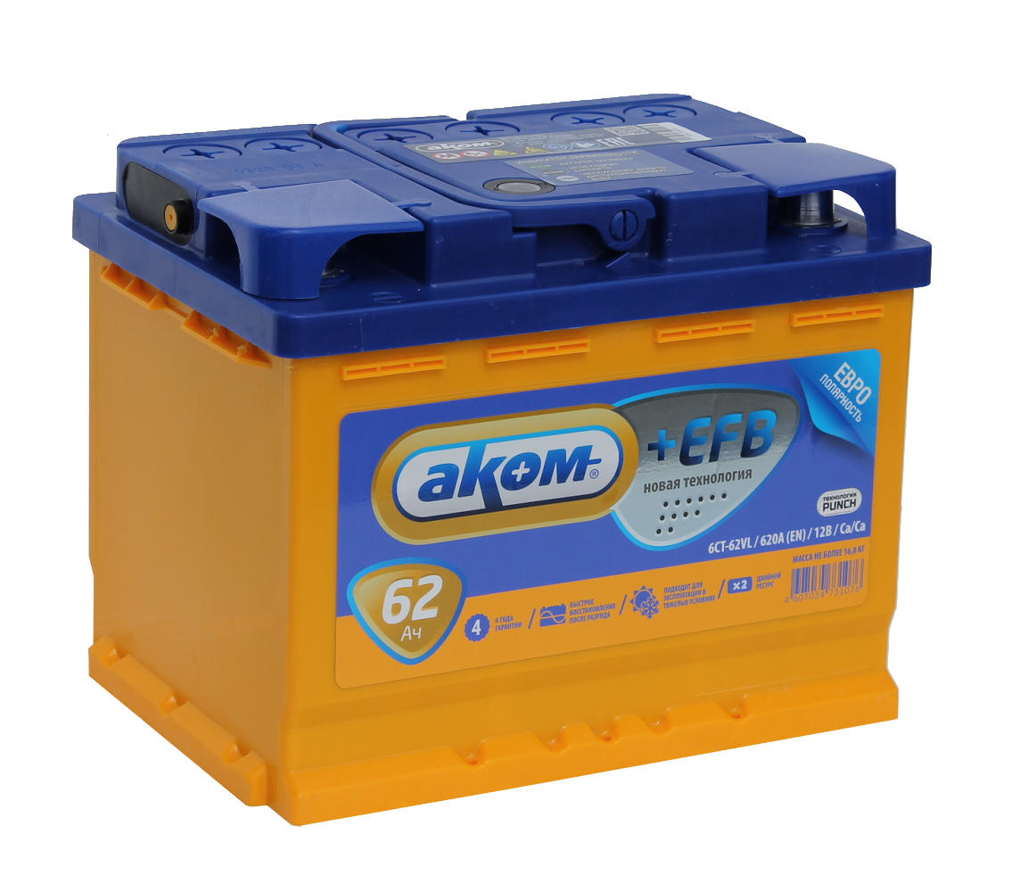 Аккумулятор AKOM EFB 62 Ач 620 А (242х175х190) обратная полярность