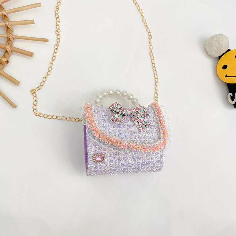 Детская сумка через плечо для девочек с синтетической кожаной отделкой и водостойкой тканью хлопок лен фиолетовый бант