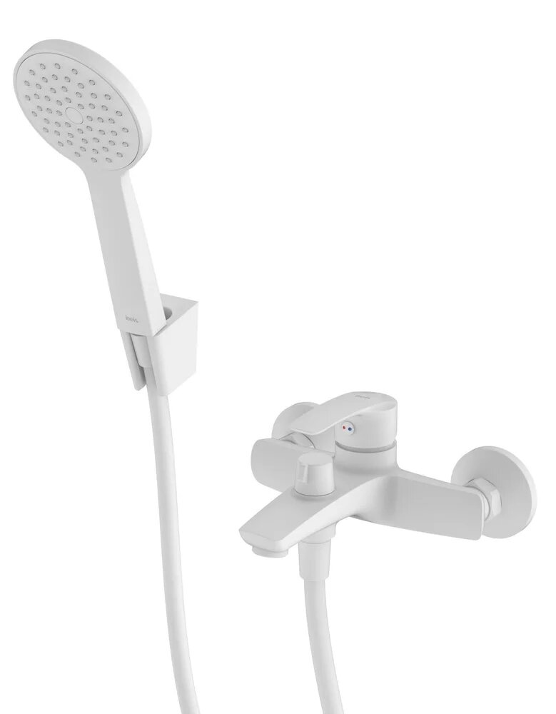Смеситель для ванны с душем IDDIS Ray RAYWT02i02 с душевым гарнитуром, настенный, однорычажный, белый, матовый, латунный, с керамическим картриджем