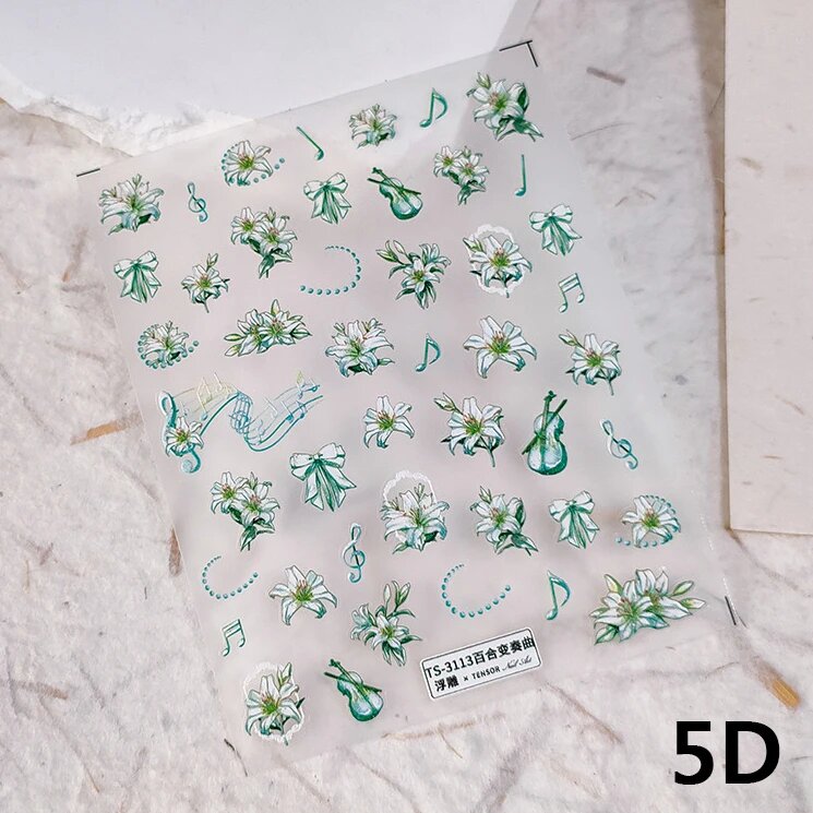 3D наклейки для ногтей, цветы и музыка, изумрудный, MP3971TS3113