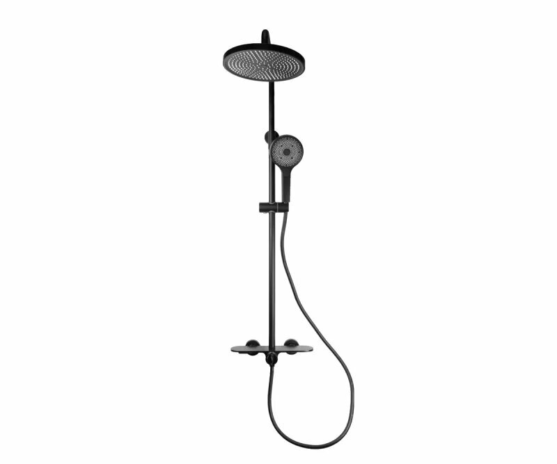 Душевая стойка Bronze de Luxe Icon 80112CB со смесителем, черная, матовая, душевая система с тропическим душем, с изливом, с лейкой, латунная, рычаг сбоку