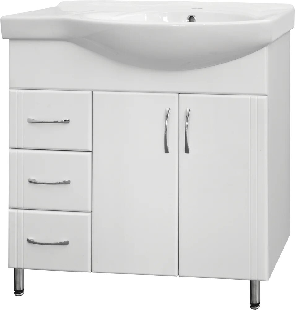 Тумба под раковину без столешницы Style Line Эко Стандарт №25 82 напольная, белая, глянцевая, тумба для ванной, с ящиками, с дверками, с доводчиками