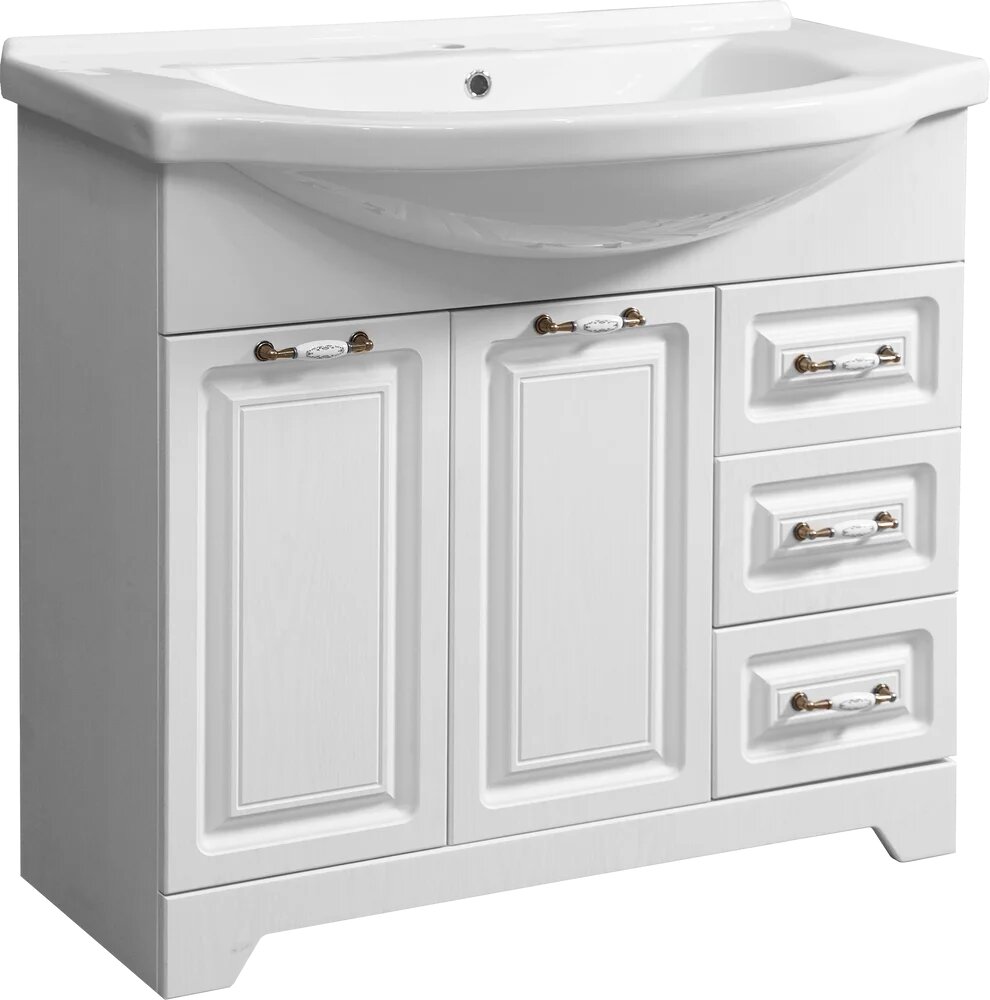 Тумба под раковину без столешницы Stella Polar Кармела напольная, белая, матовая, из МДФ, тумба для ванной, с ящиками, с дверками, с доводчиками