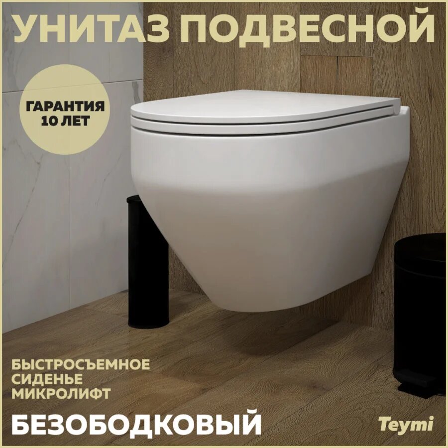 Унитаз подвесной Teymi Demi T40208 с микролифтом, безободковый, без бачка, фарфоровый, антивсплеск, белый овальный