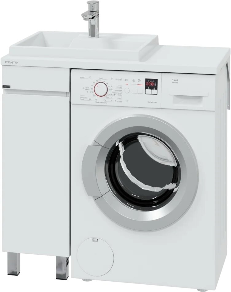 Тумба с раковиной СаНта Марс 29 L под стиральную машину, напольная, 90 см, белая, глянцевая, из МДФ, с дверками, раковина для ванной, из искусственного мрамора, прямоугольная