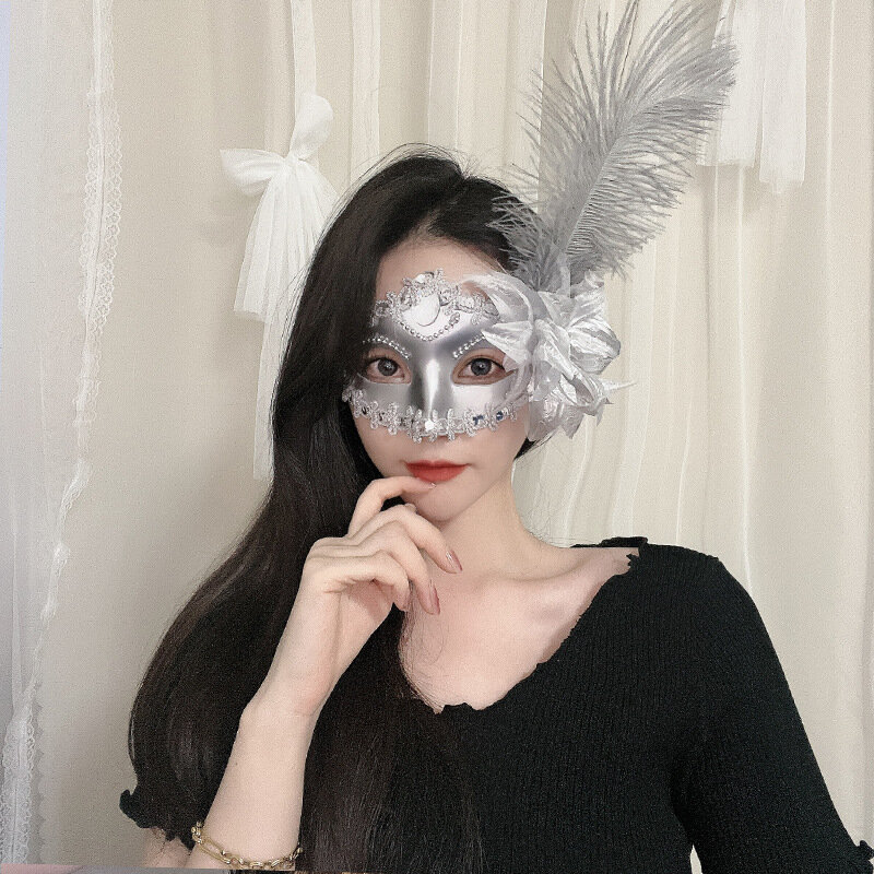 Маска принцессы, страусиный волос, серебристый цветок, для Хэллоуина