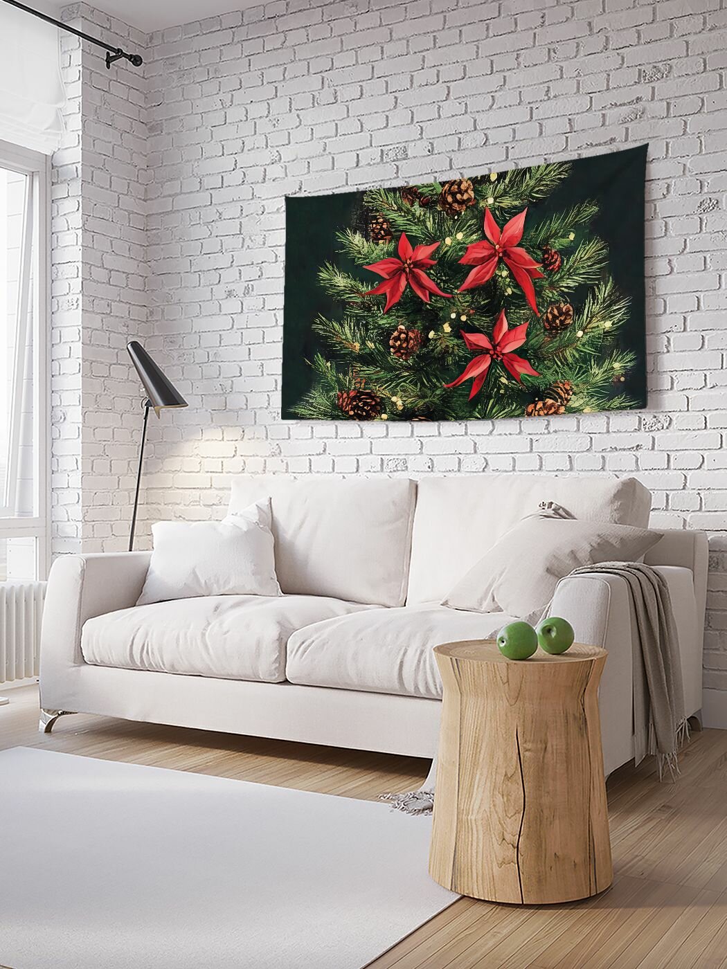 Фотопанно на стену тканевый горизонтальный "Елка с пуансеттией", 150х200 см, JoyArty, серия Новый год и Рождество