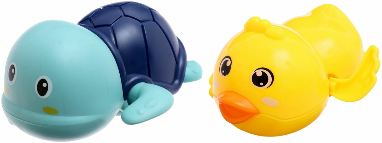 Игрушки плавающие для ванны "Заводные игрушки: Утёнок и черепашка", набор из 2 штук, детские пластиковые фигурки для купания и игр с водой, для малышей от 6 месяцев, микс