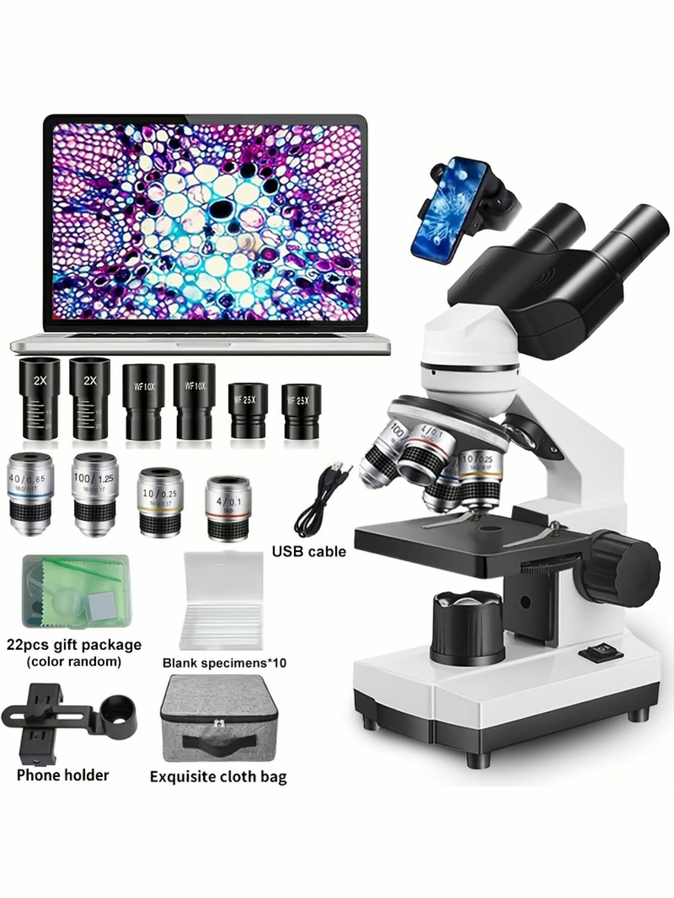 Микроскоп (40-5000x): двойное LED-светодиление, 4 окуляра WF25x, USB-питание; для взрослых, школ, лабораторий; для биологии, ботаники, микробиологии.