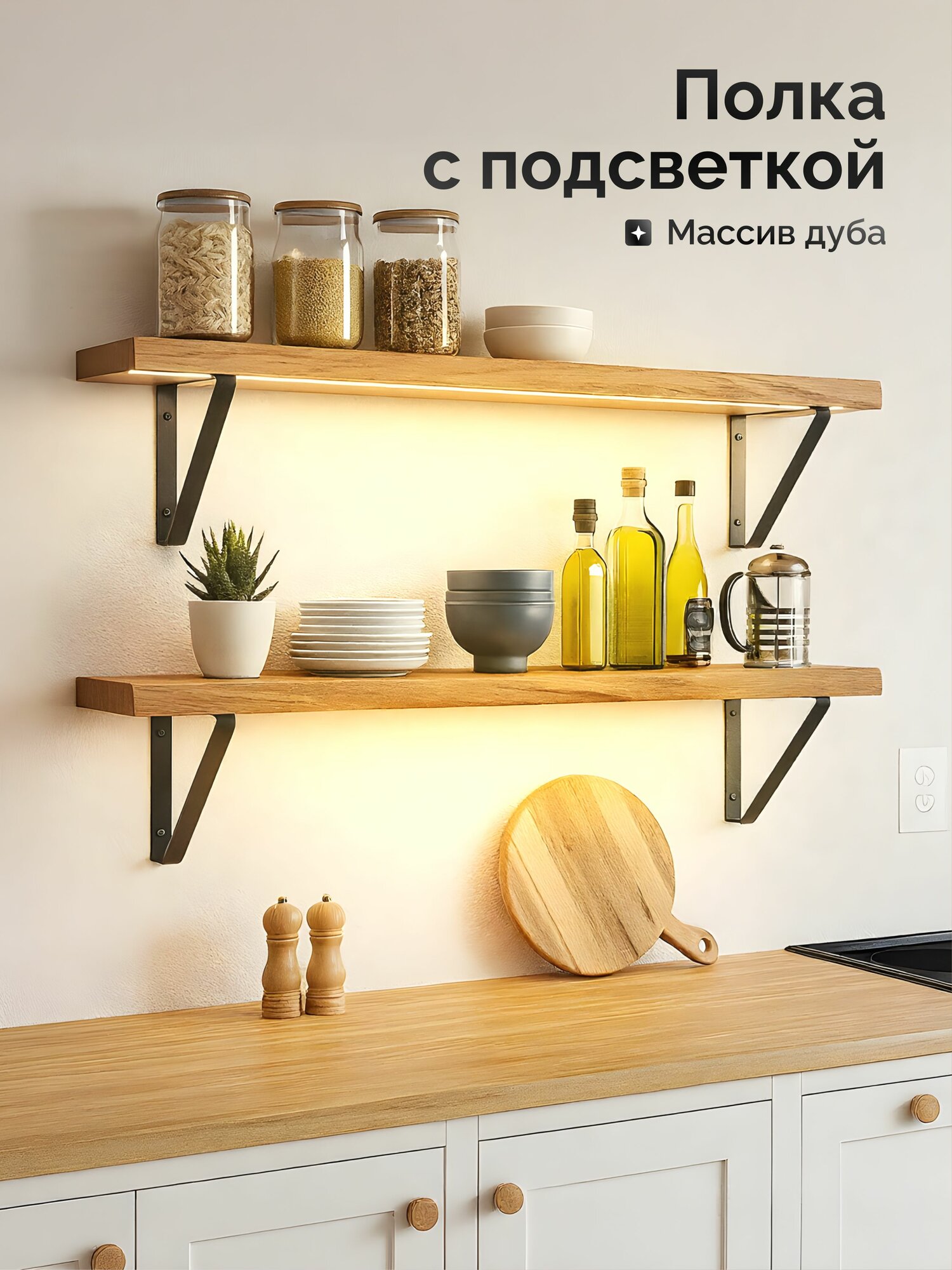 HOLZTAG Настенная полка из дерева, массив дуба, полка с живым краем с подсветкой 150см, теплый свет.