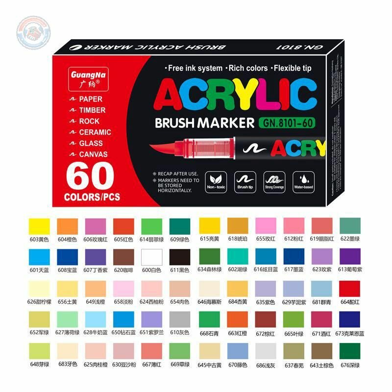 Акриловые маркеры для ткани GuangNa 60 цветов мягкий наконечник, яркие стойкие чернила, идеально для рисования на ткани, бумаге, стекле