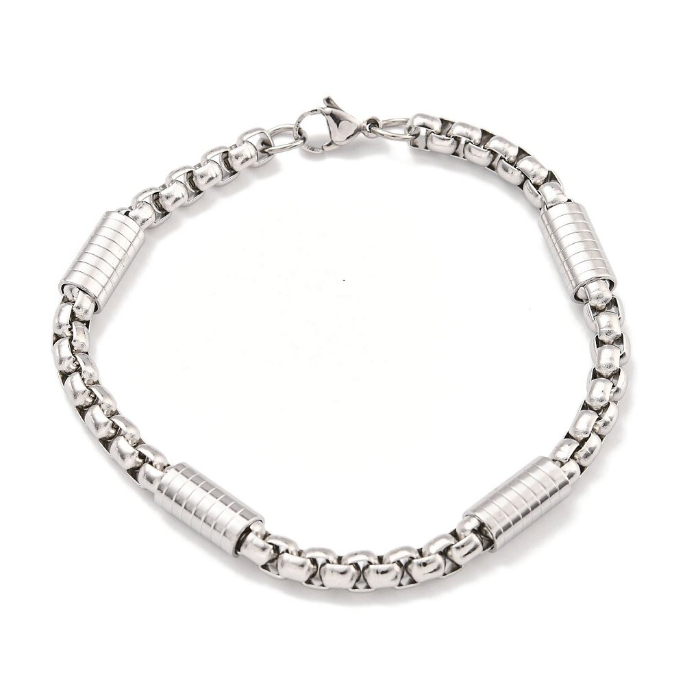 Цепочка для браслета, 5мм, плетение квадратное ролло, с ребристыми цилиндрами 12х6мм, базовый материал - нержавеющая сталь, без покрытия, 21 см, готовая, 1 шт.