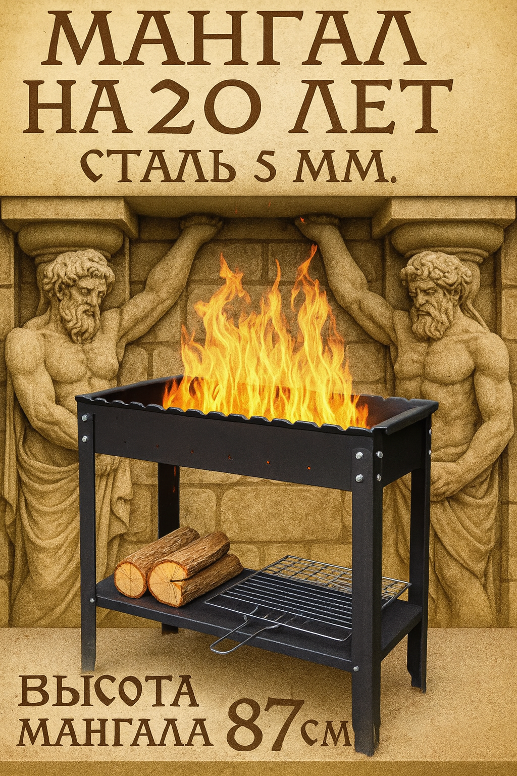 Мангал разборный с полкой-дровницей, 80х32х15см, толщина стенок топки 5мм