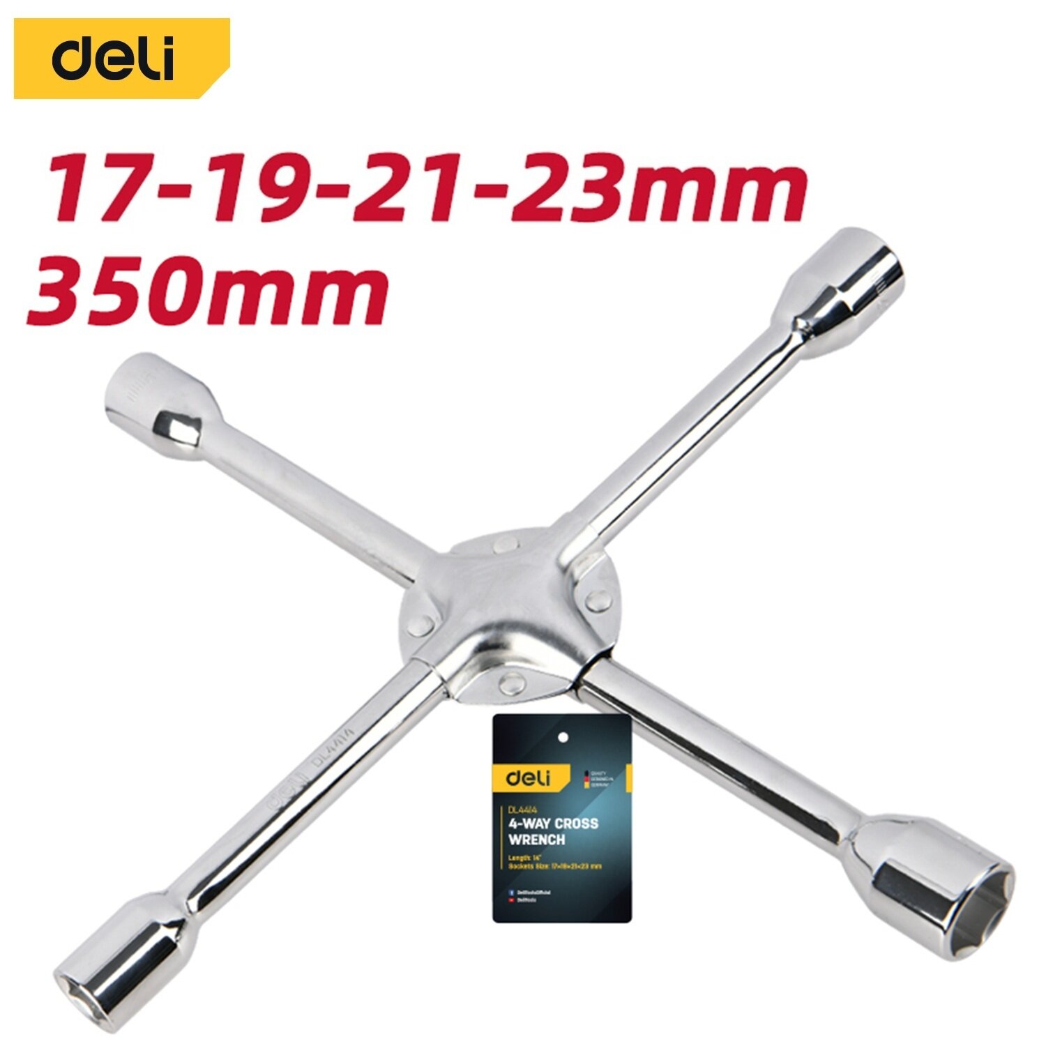 Крестообразный баллонный усиленный ключ 17x19x21x23мм Deli DL4414 длина 350мм, сталь Cr-V
