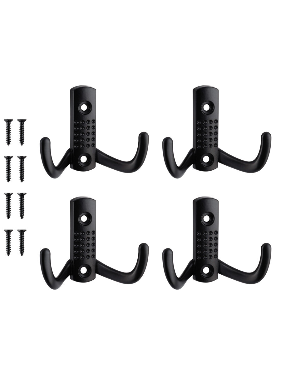 Двойной мебельный, чёрный крючок 47 х 70 мм – 4 шт, — надежный держатель для одежды, аксессуаров и принадлежностей
