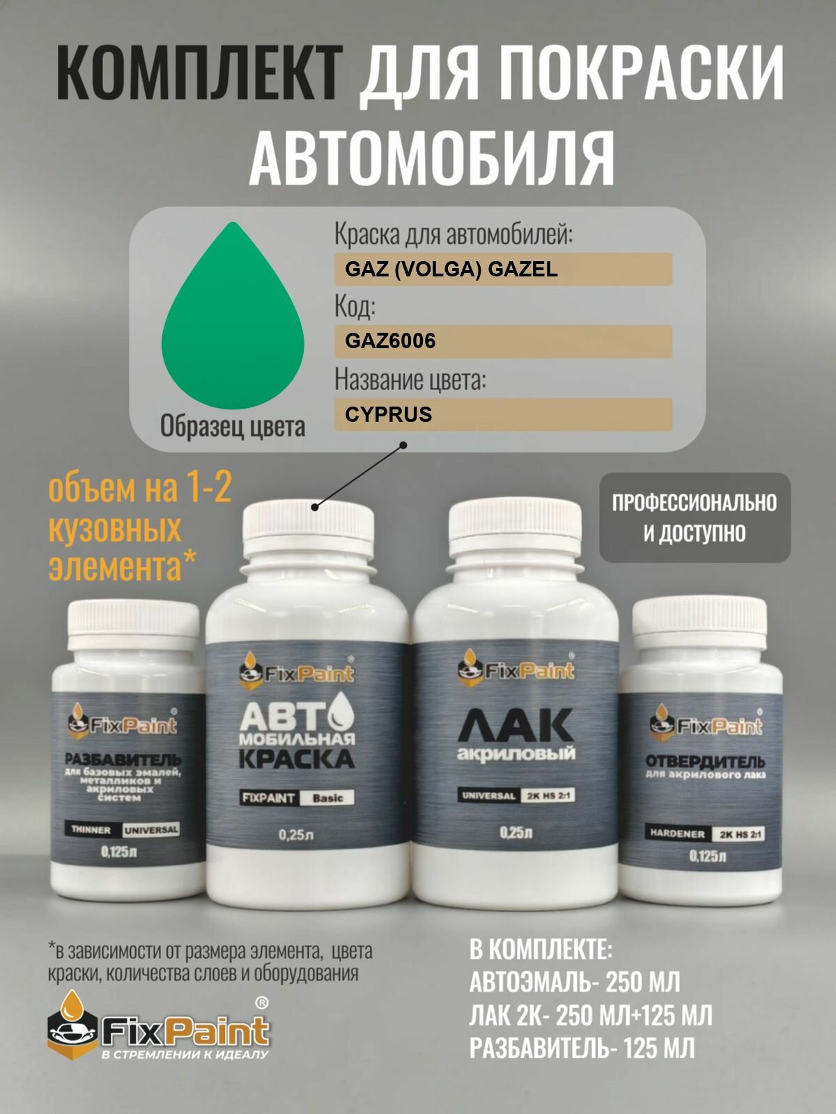 Комплект для покраски GAZ (VOLGA) GAZEL, код GAZ6006, CYPRUS, базовая автомобильная эмаль 250 мл, лак 2K 250 мл с отвердителем, разбавитель 125 мл, FixPaint Pro