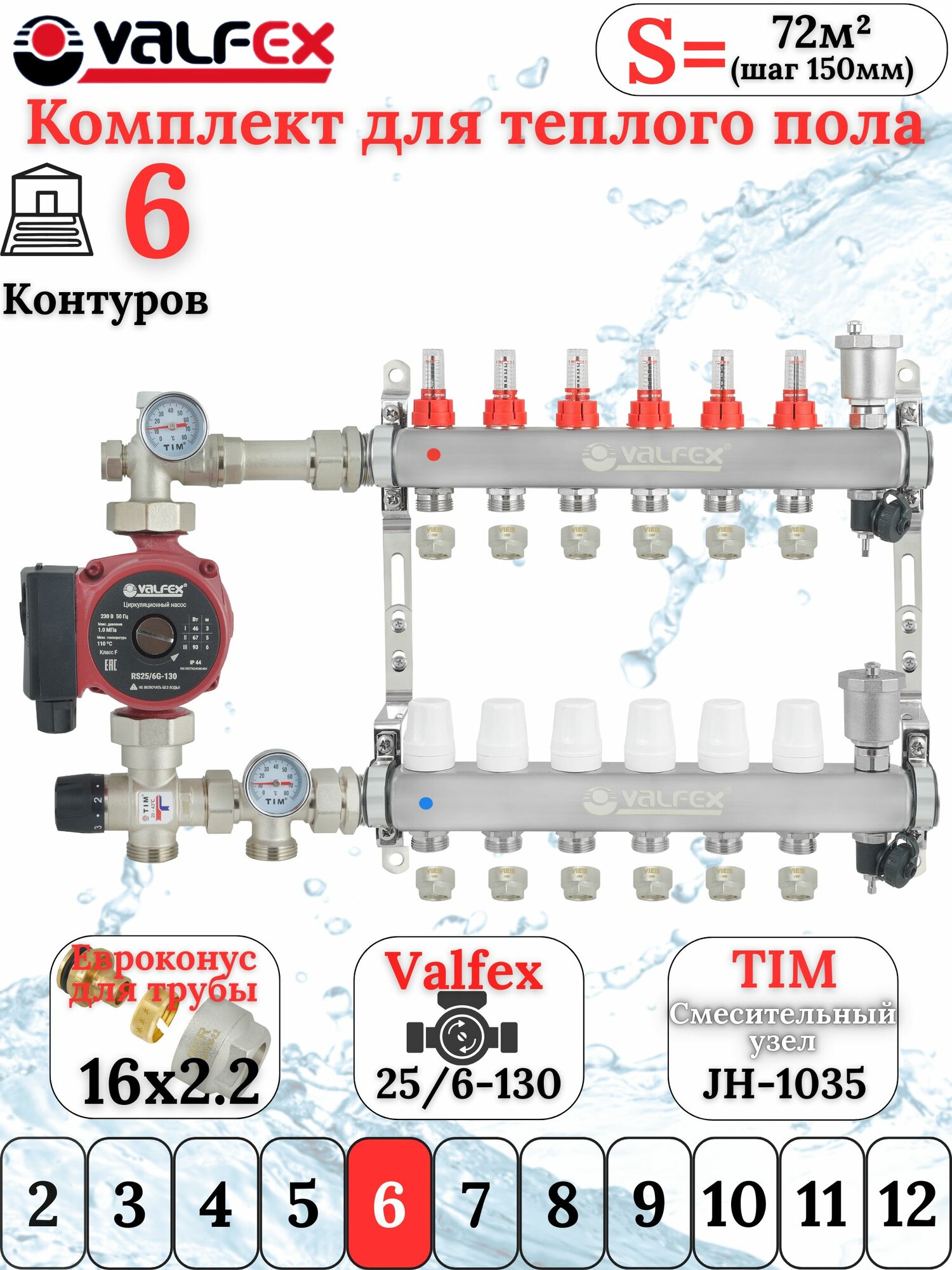 Комплект для теплого пола VALFEX (Коллектор на 6 контуров+Насос+Евроконусы16x2,2+Насосно-Смесительный узел) до 80 кв. м