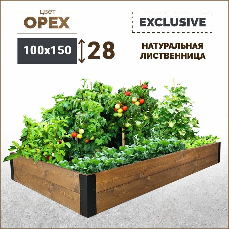 Грядка из лиственницы (орех) ЛС-2, высота 28, ширина 100, длина 150. Премиум. Углы металл