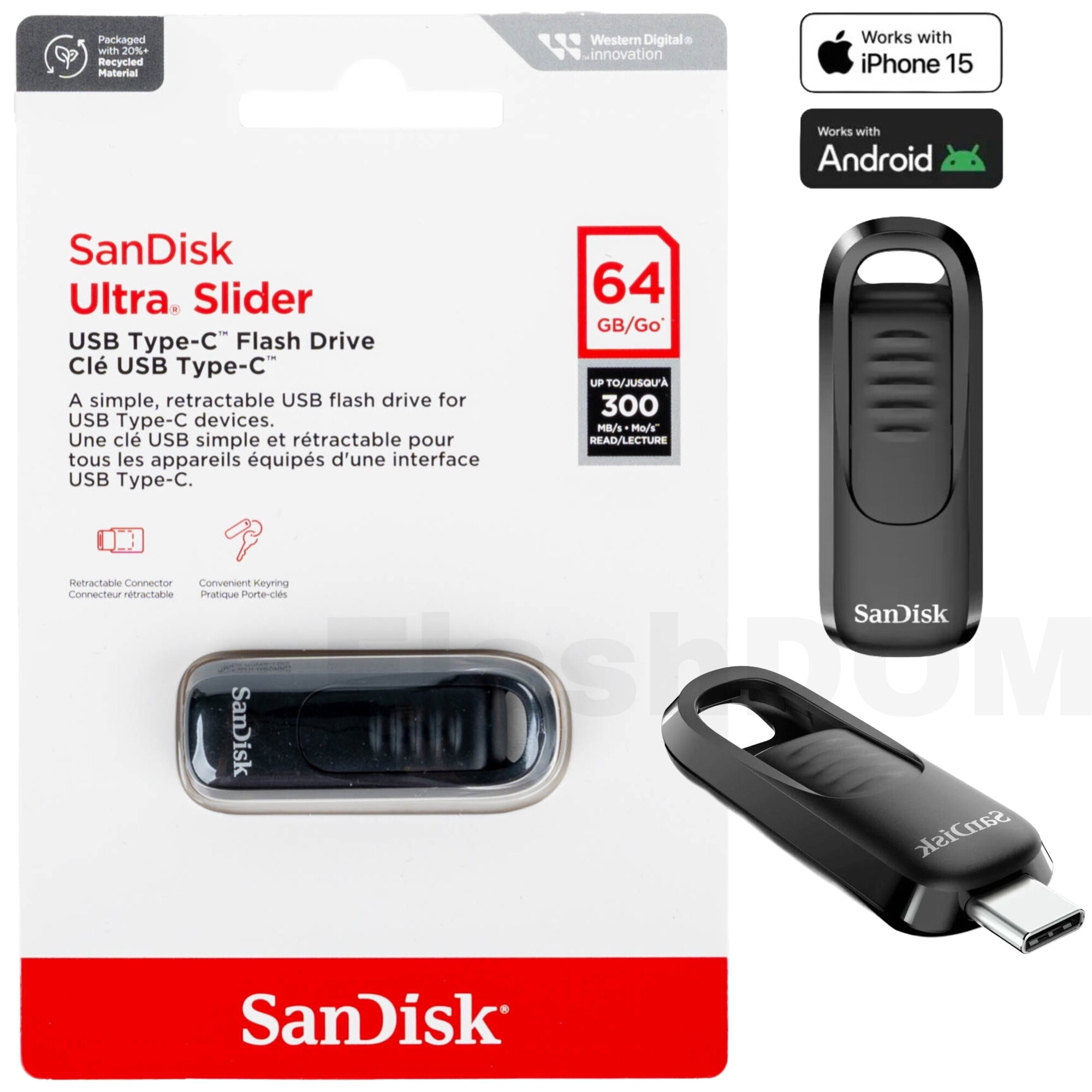 Флеш-накопитель SanDisk 64 ГБ Type C Ultra Slider до 300 Мб/с USB 3.2 Gen 1