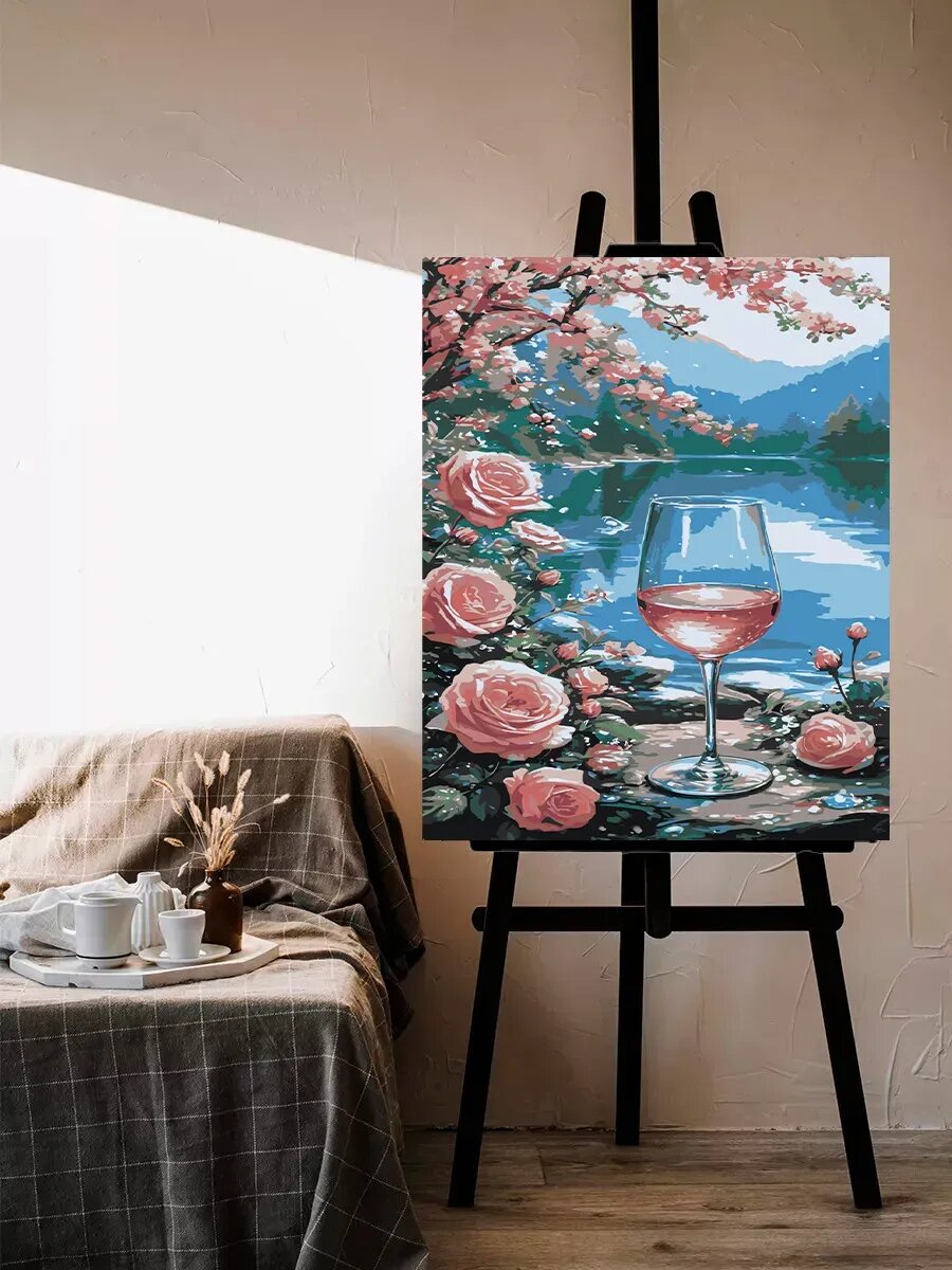 Картина по номерам Пейзаж Бокал Вина Розовые Розы