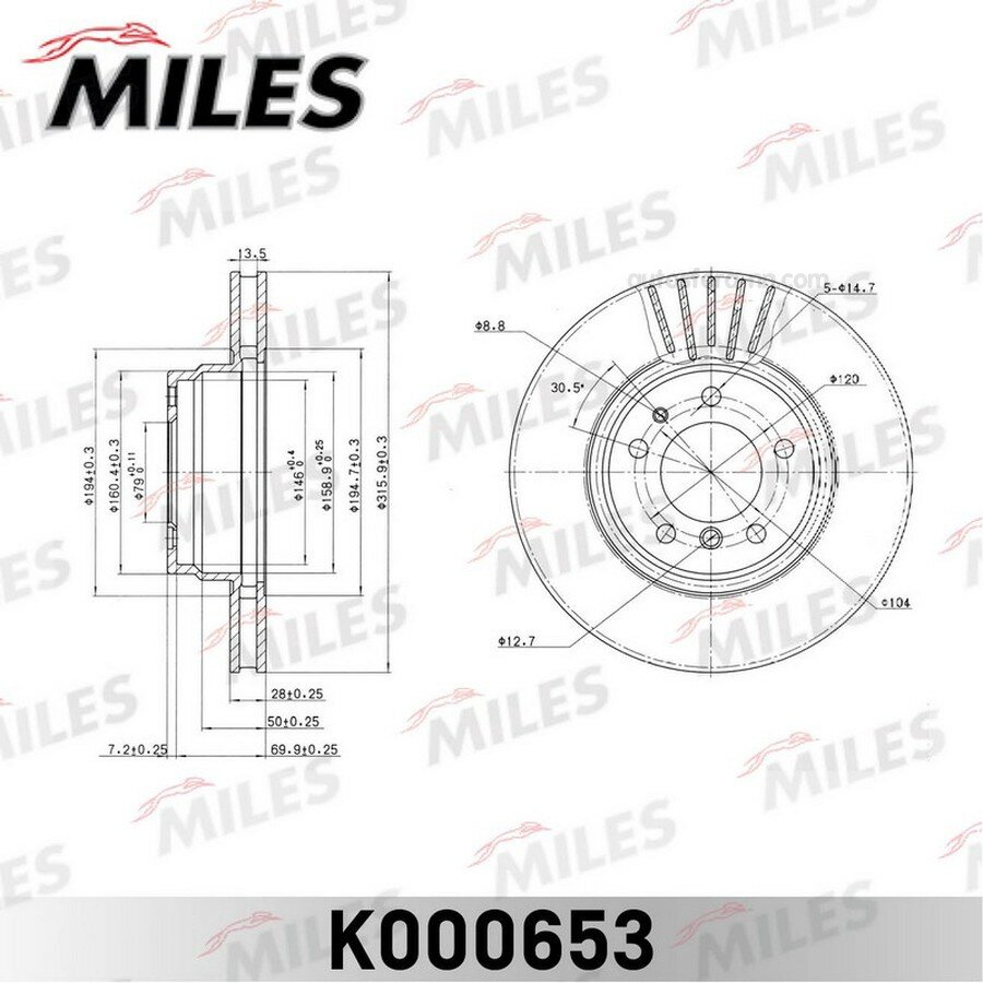 MILES K000653 Диск тормозной BMW E38 725-735 95-01 пер. D 316мм.