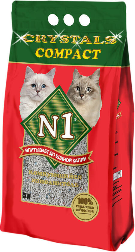 №1 наполнитель CRYSTALS COMPACT 4 шт по 5 л комкующийся наполнитель для кошачьих туалетов