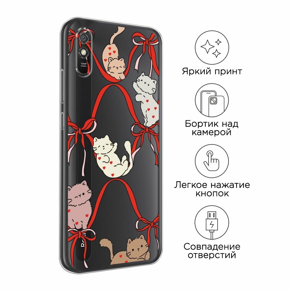 Чехол на Xiaomi Redmi 9A / Сяоми Редми 9А с принтом "Котики в ленточках 2", прозрачный — фото 1