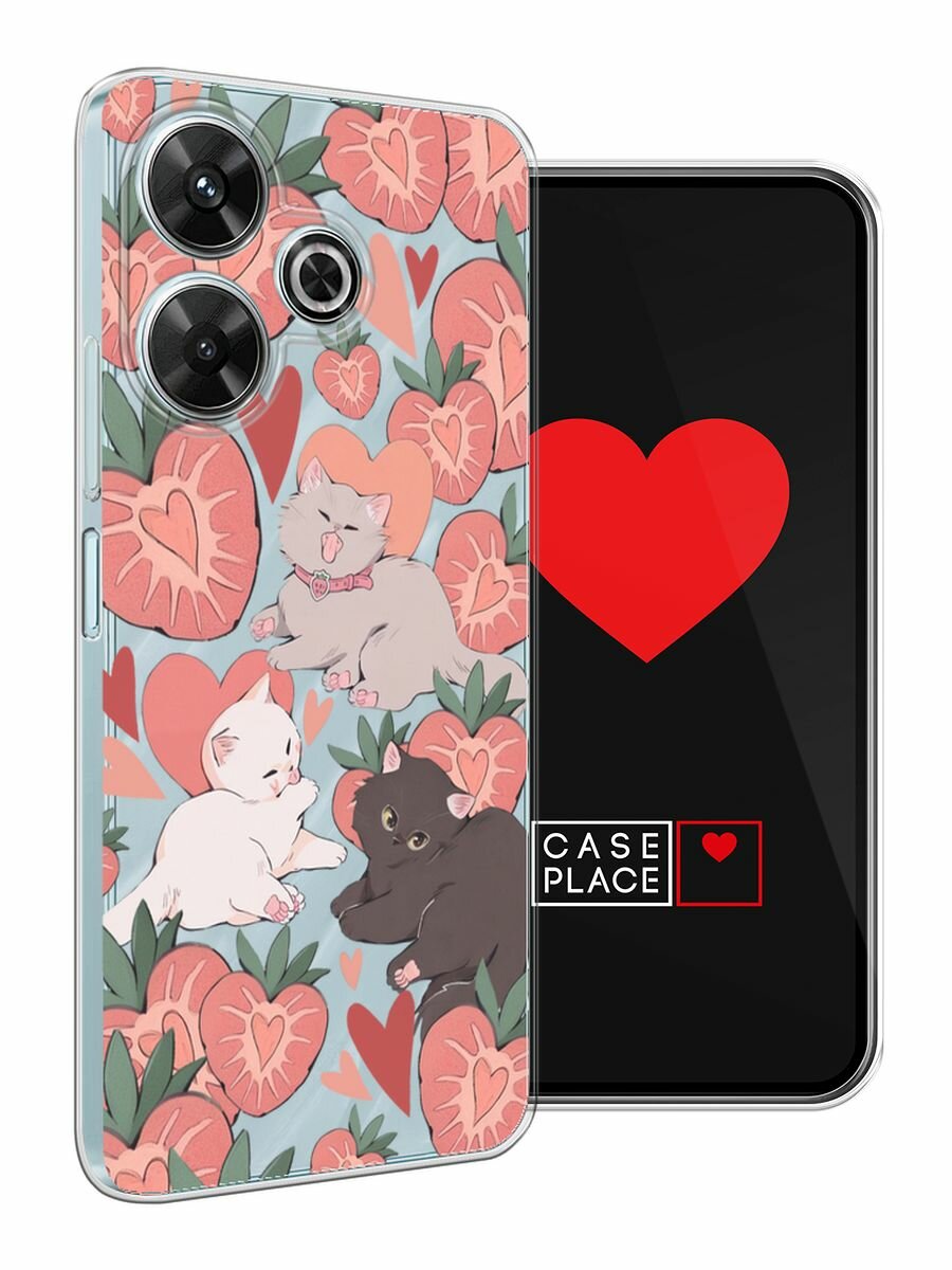 Чехол на Xiaomi Redmi Note 13R/Redmi 13/Poco M6 4G/M6 Plus с принтом "Клубничные котики", прозрачный — фото 1