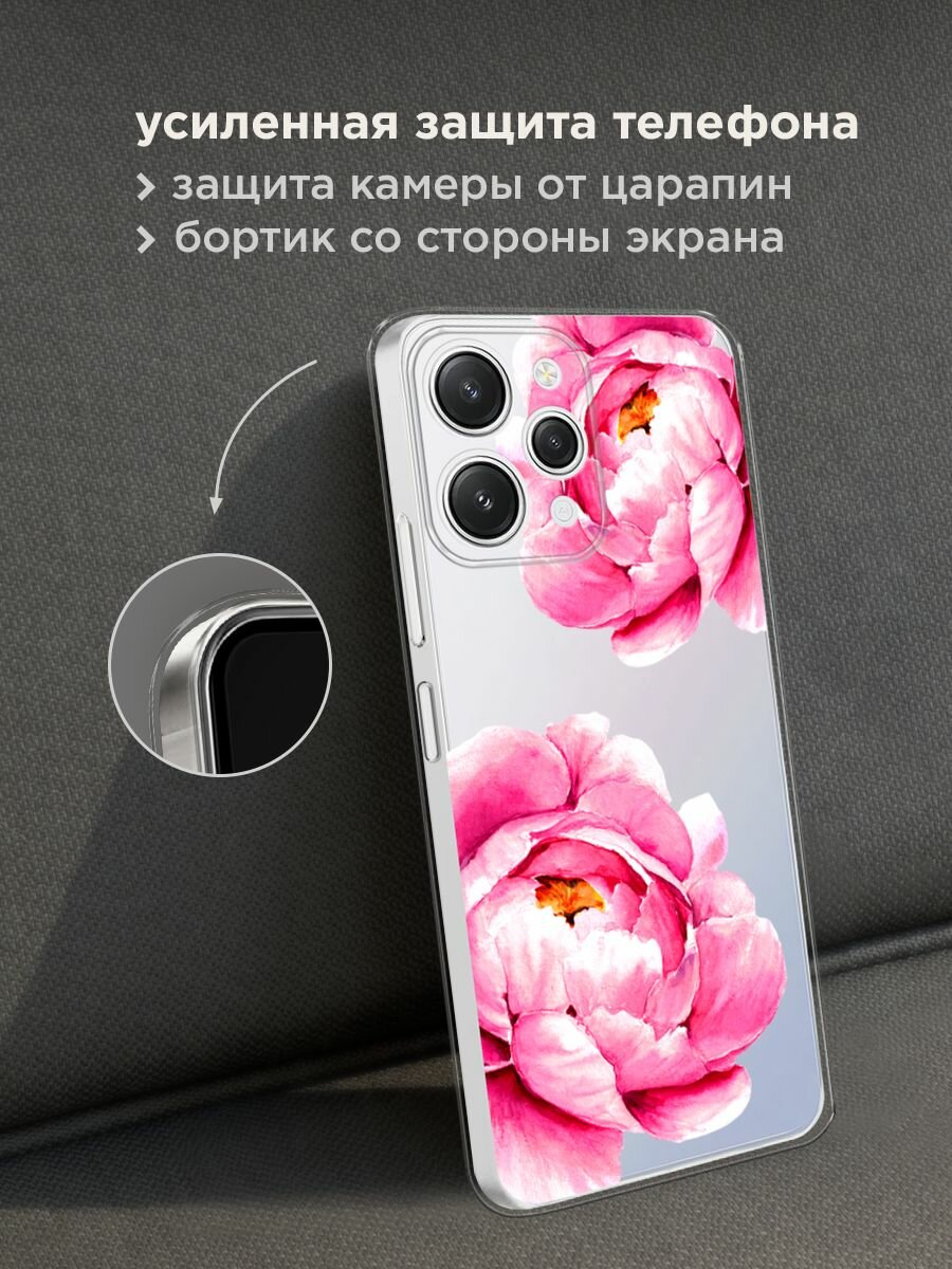 Чехол на Xiaomi Redmi 12 / Сяоми Редми 12 с принтом "Open peonies", прозрачный — фото 1