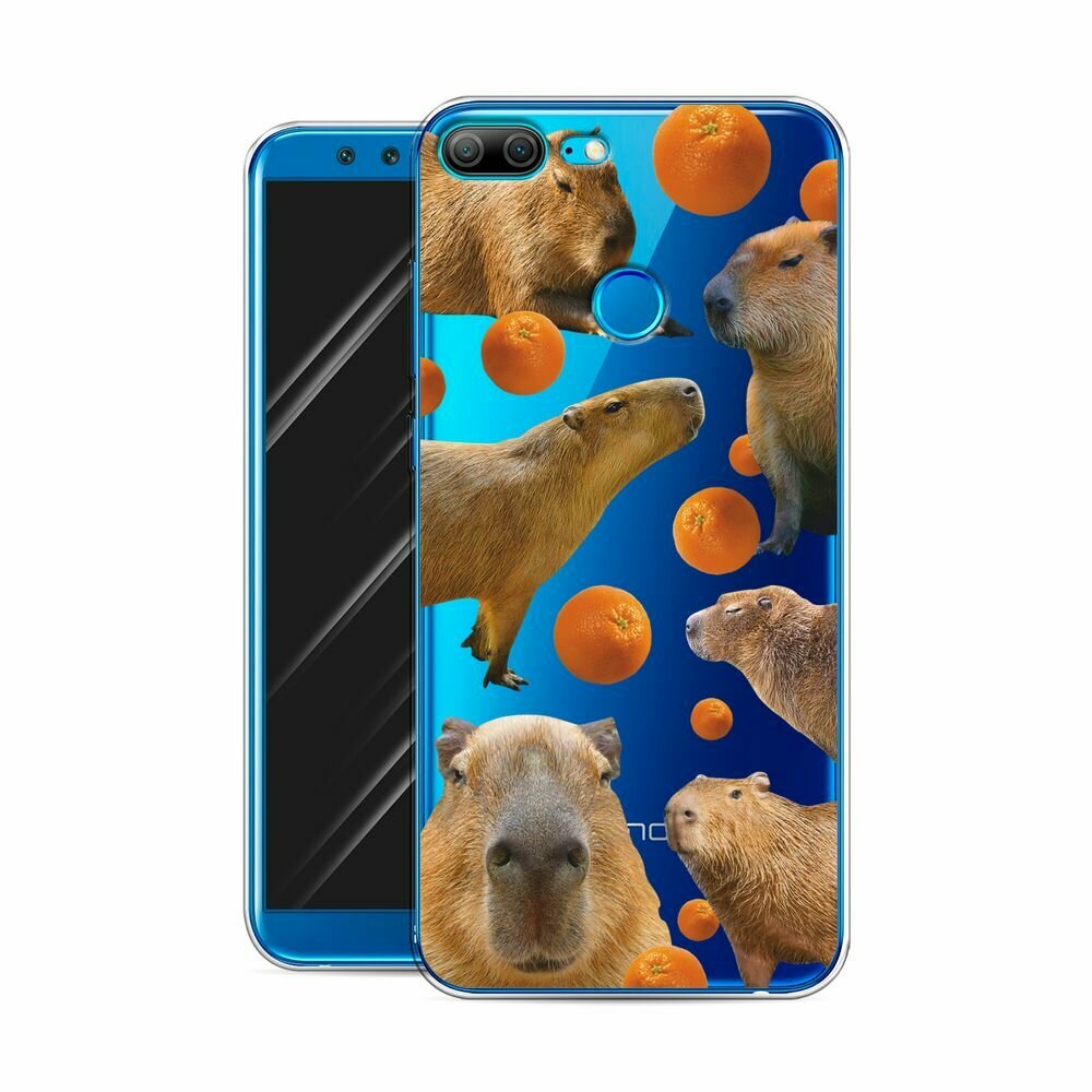 Чехол на Honor 9 Lite / Хонор 9 Лайт с принтом "Капибара и апельсины", прозрачный — фото 1