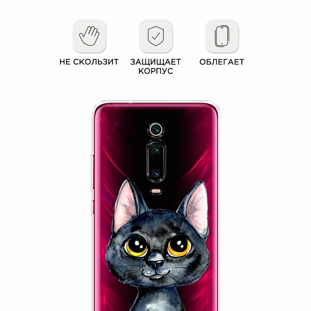 Чехол на Xiaomi Redmi K20/K20 Pro/Mi 9T/9T Pro / Сяоми Редми К20/K20 Pro с принтом Милый черный котенок, прозрачный — фото 1